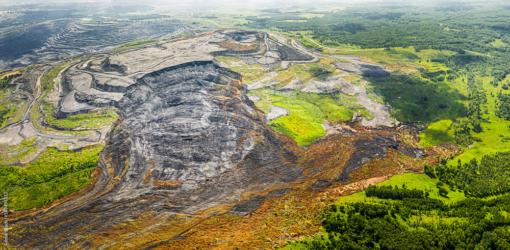 Aerial view of quarry man-made catastrophe. Panorama Aerial landscape ...