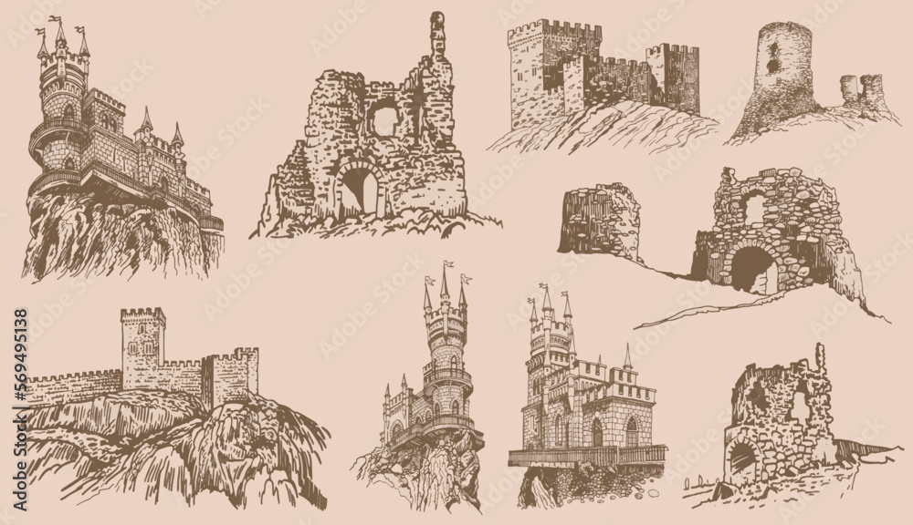 Poster Graphical vintage set of medieval catles isolated , vector sepia ...