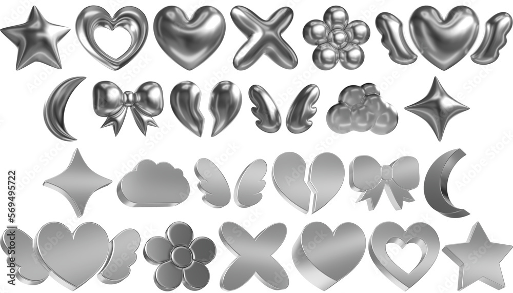 3d rendering illustration - Set of chrome elements. Hearts, stars, flower, cloud, moon, wings ...