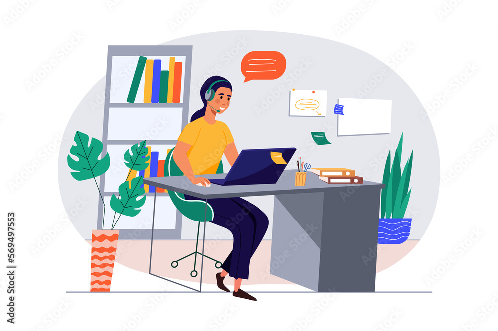 Concept call center with people scene in the flat cartoon design. Call ...