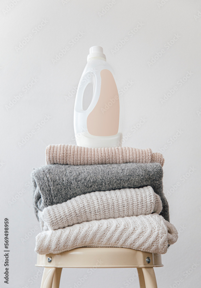 Mock-up of a Laundry detergent with blank label on top of a stack of ...