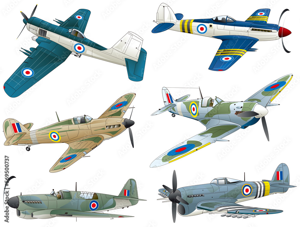 Poster 6 types of Great Britain single propeller fighter plane ...