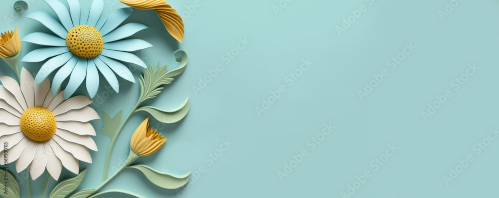 Spring sale banner with beautiful colorful flower ob blue background ...