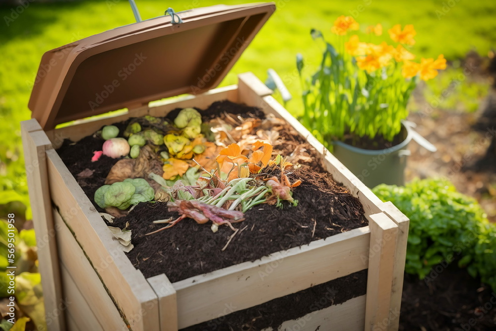 Bac à compost ouvert avec épluchures et vers de terre dans un jardin ...