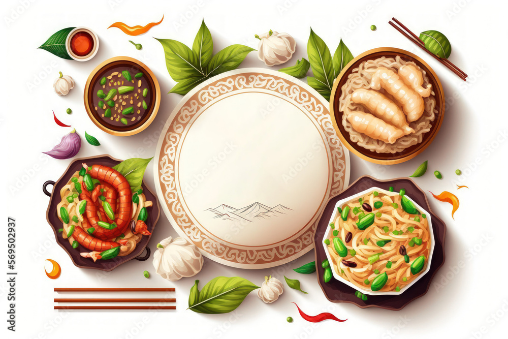 Chinese food white background. Chinese noodles, fried rice, dumplings ...