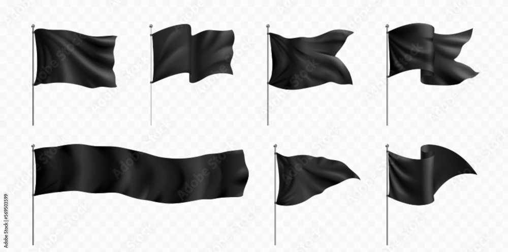 Black flags and pennants on poles mockup. Blank fabric banners triangle ...