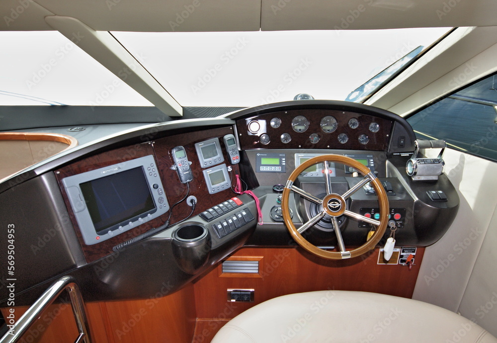 Cockpit and dashboard of a modern motor yacht ภาพถ่ายสต็อก | Adobe Stock