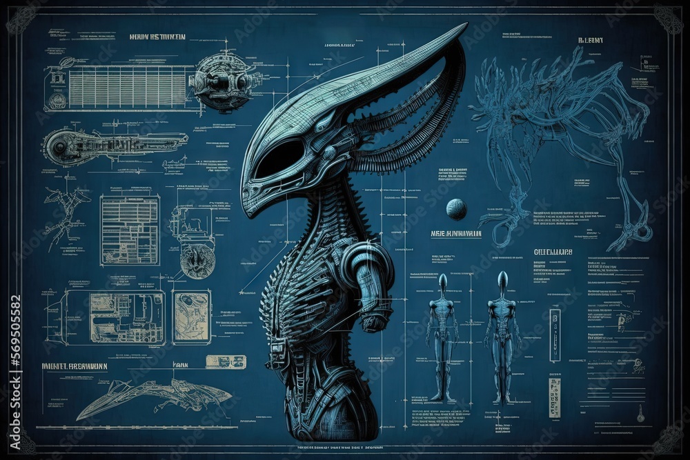 Alien exoskeleton blueprint, sketch illustration generative ai Stock ...