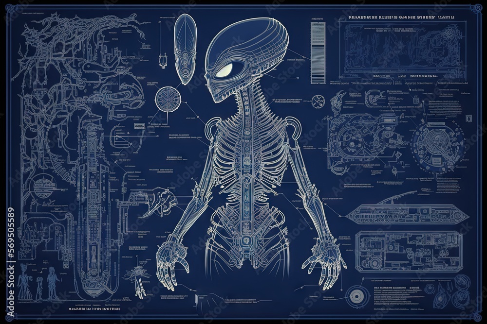 Alien exoskeleton blueprint, sketch illustration generative ai Stock ...