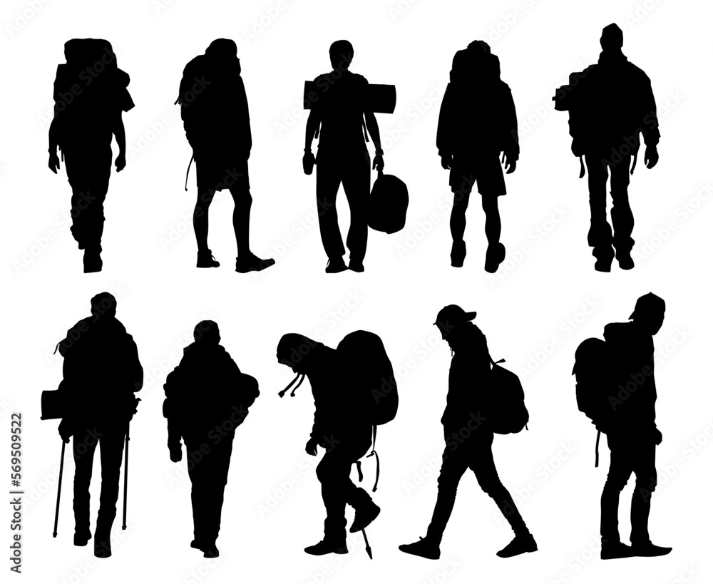 Vetor de silhouettes of people. Hiker Silhouettes. hiking man with ... Vetor de silhouettes of people. Hiker Silhouettes. hiking man with ...