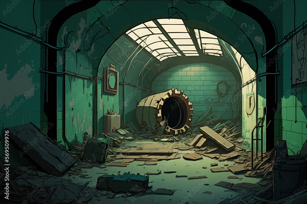 Digital representation of a demolished, abandoned interior scene in an ...