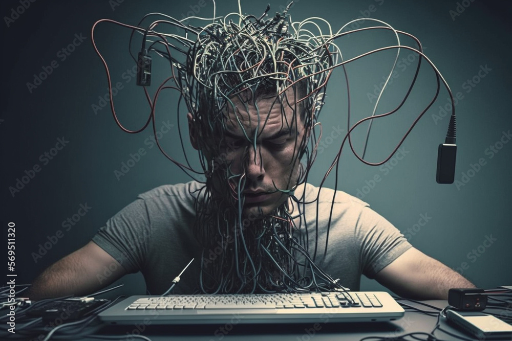Man with wires coming from his head connected to computer. Social media ...