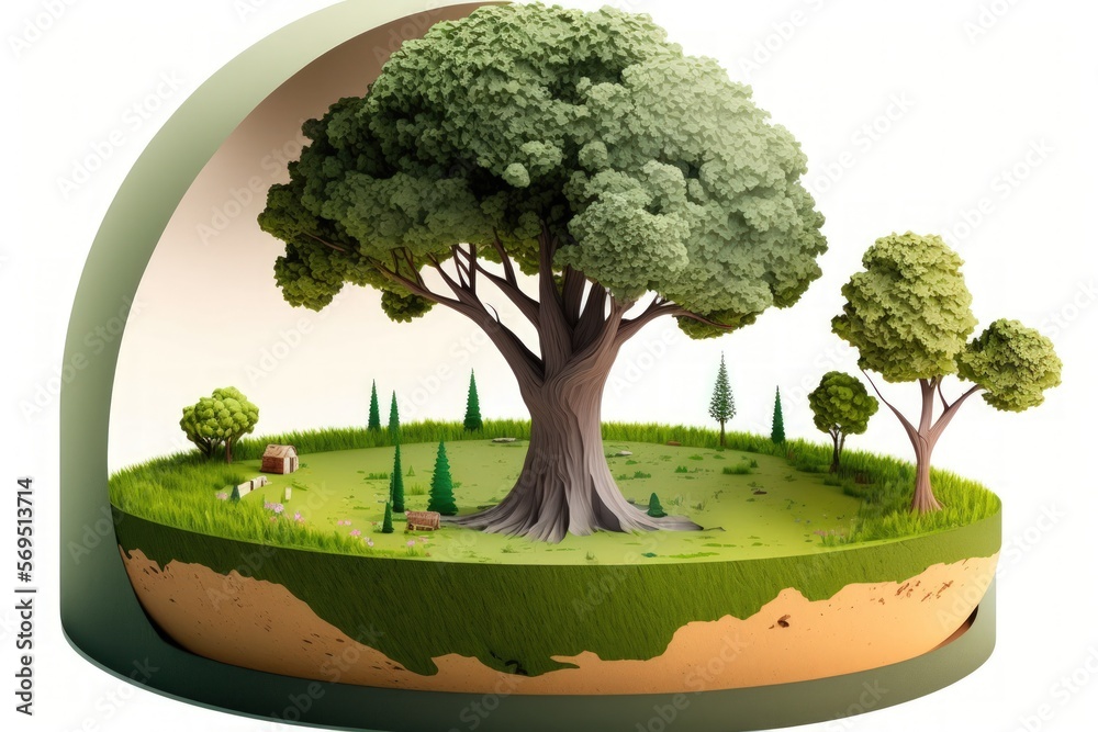 Circle cutaway of a realistic grassy meadow with a tree, A spherical ...