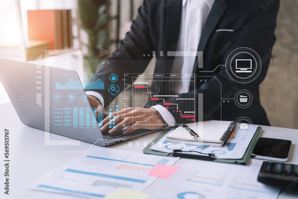 Photo Businessman hand Project manager working and update tasks and ...