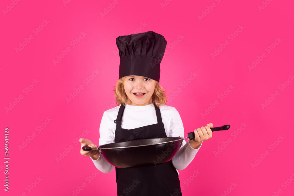 Child chef cook with pan. Child cooking, little chef prepares food. Kid ...