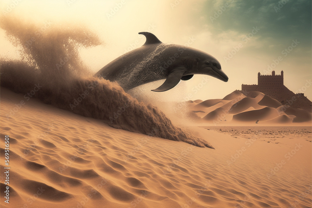 AI generated dolphin swimming in a desert and jumping out from sand ...
