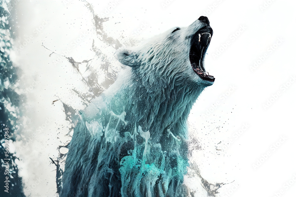 Wild screaming polar bear double exposure with paint splatters. Dynamic ...