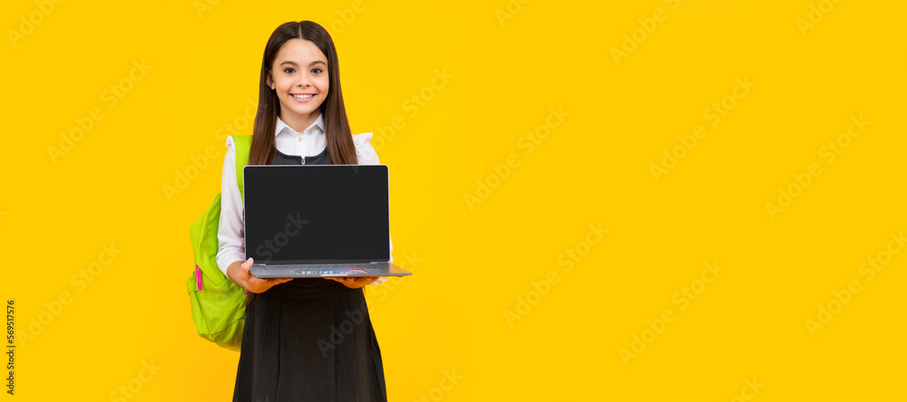 Back to school, Teenager school girl with laptop computer. Happy girl ...