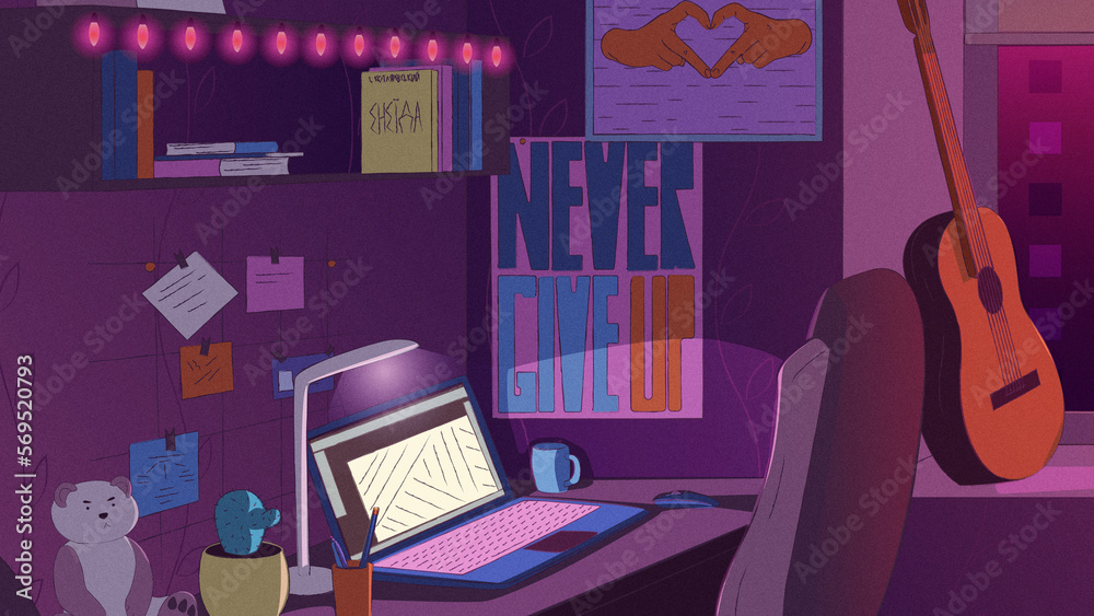 Lofi illustration, room, line, grain, purple colors, lo fi, work place ...