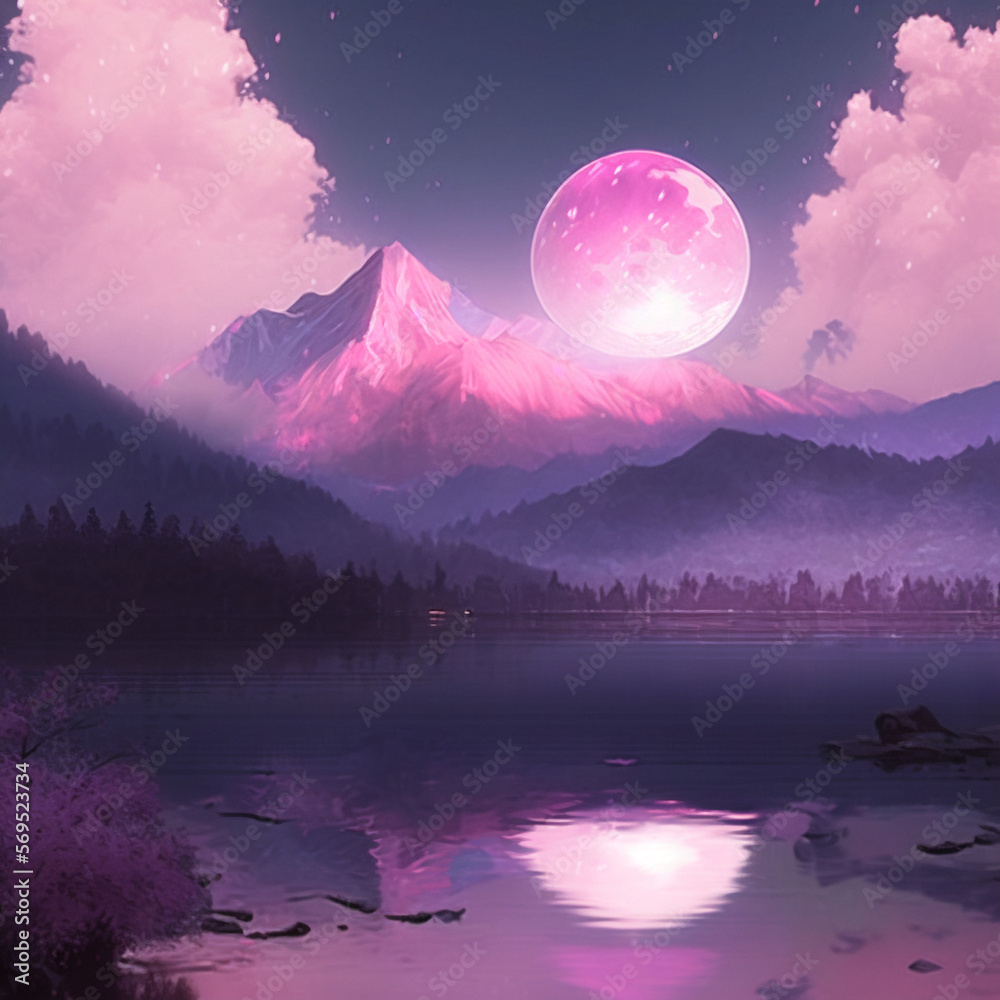 A beautiful lunar full moon pink hues Makoto Shinkai lan Stock ...