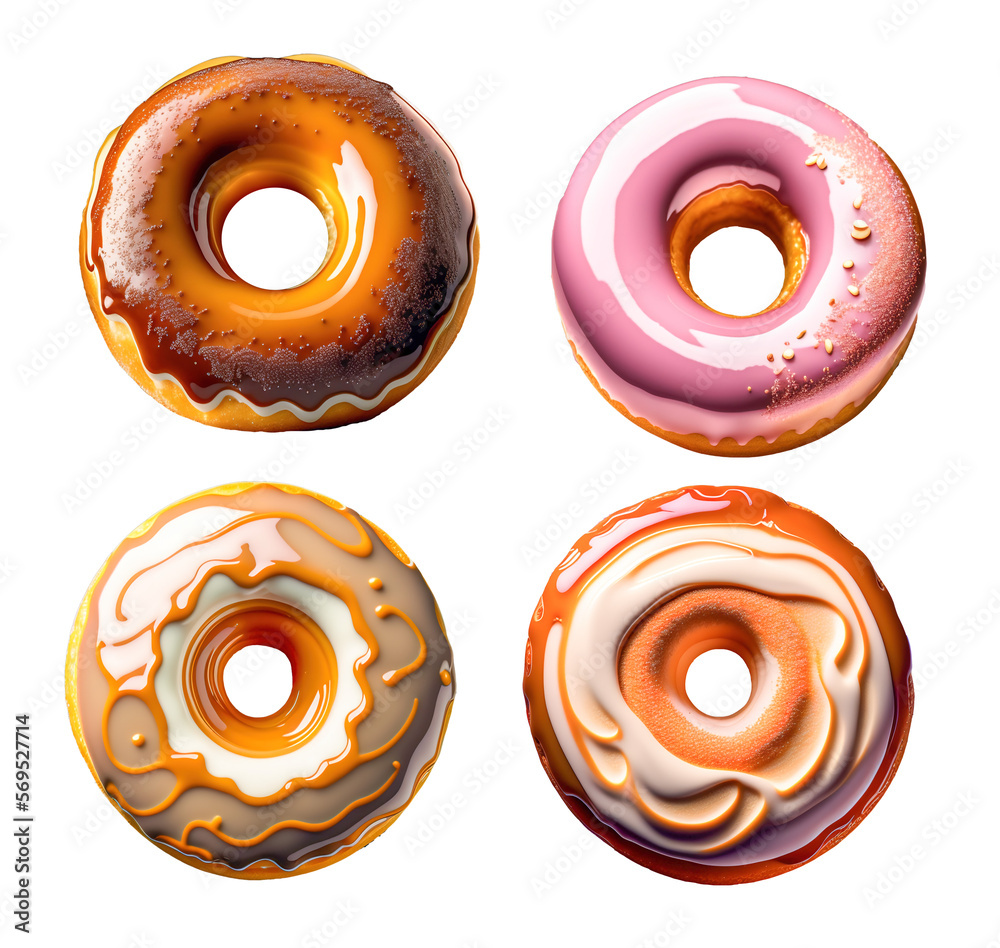 Set of 4 beautiful appetizing multi-colored donuts with a beautiful ...