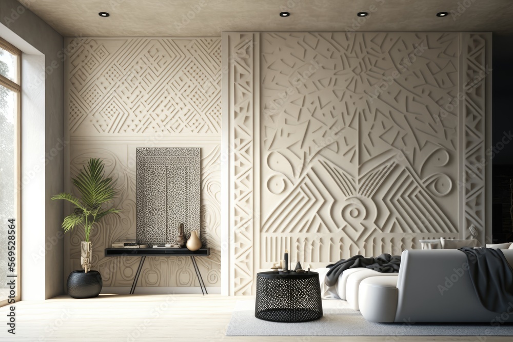 Decorative plaster design with African patterns on an interior wall ...