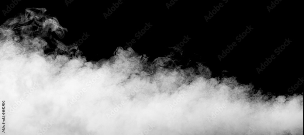 Abstract white puffs of smoke swirls overlay on black background ...
