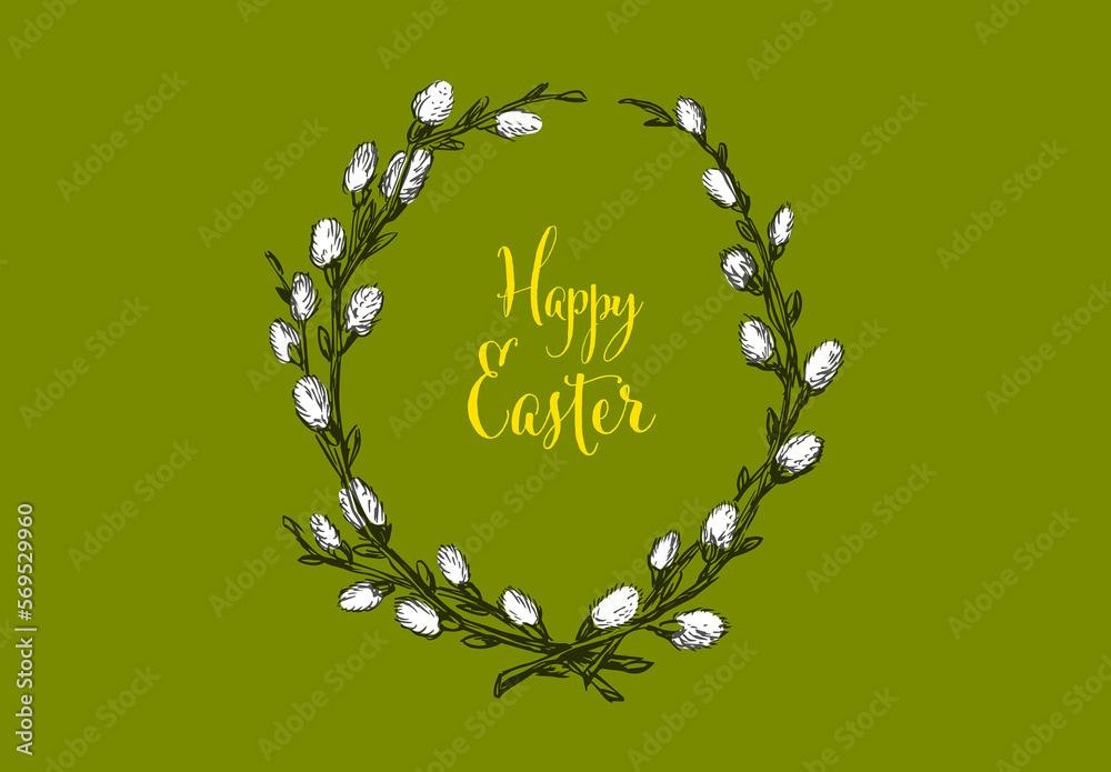 Happy Easter hand drawn ink card template with catkin spray drawing on ...
