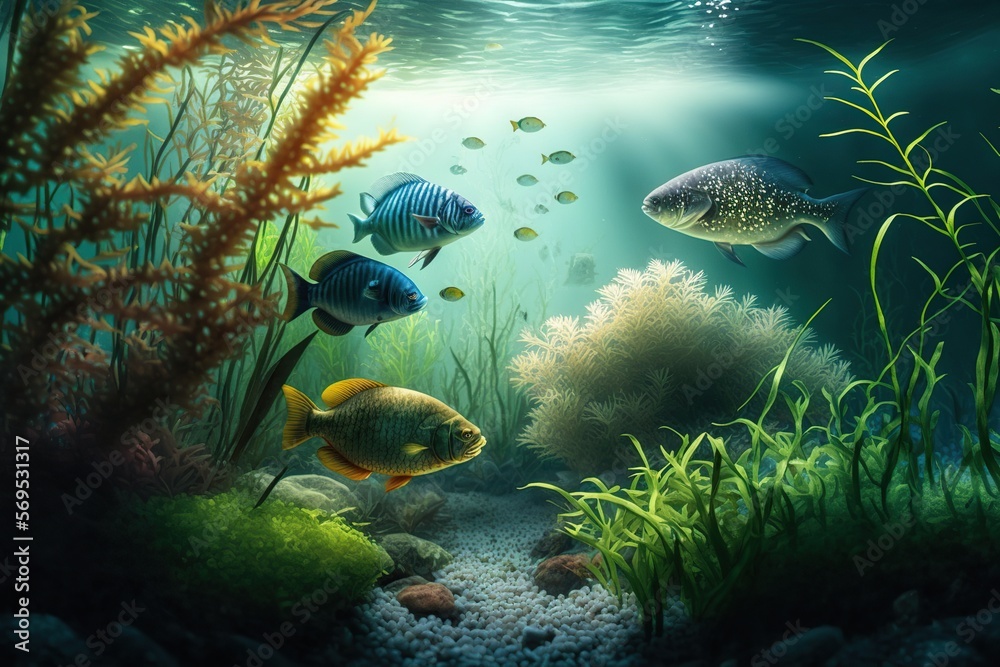 Underwater sea landscape with fishes, corals, marine plants and animals ...