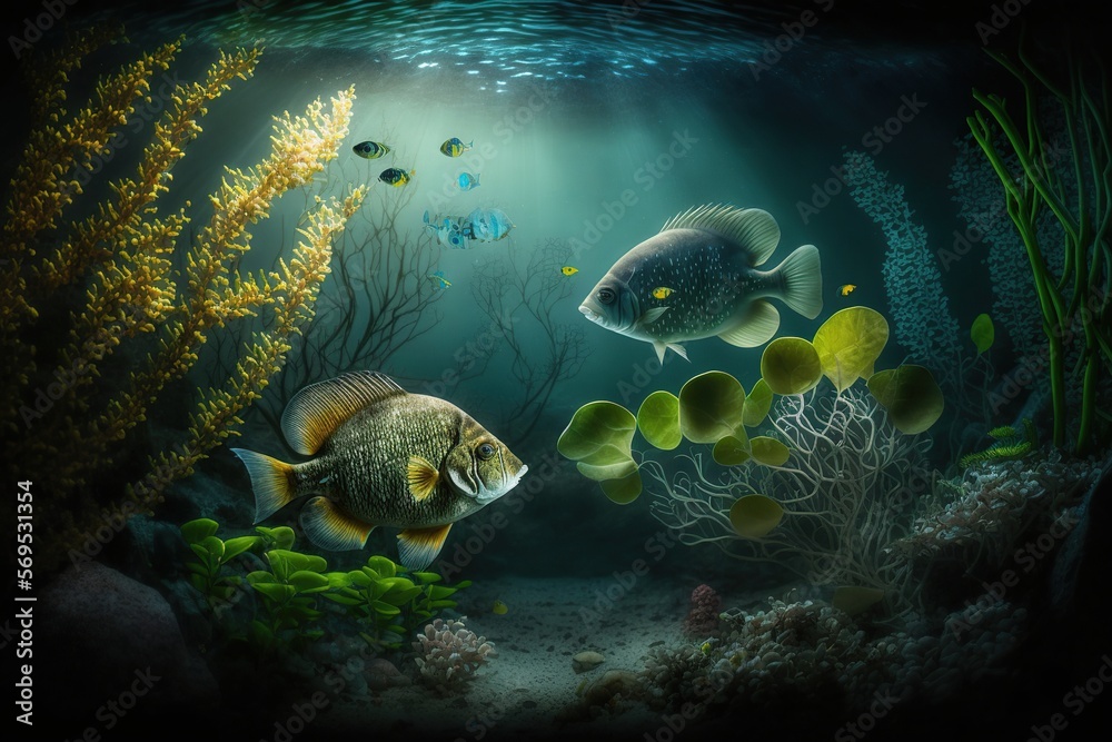 Underwater sea landscape with fishes, corals, marine plants and animals ...
