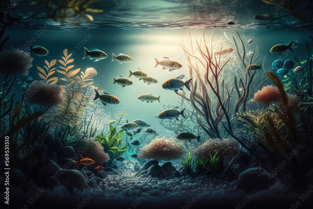 Underwater sea landscape with fishes, corals, marine plants and animals ...