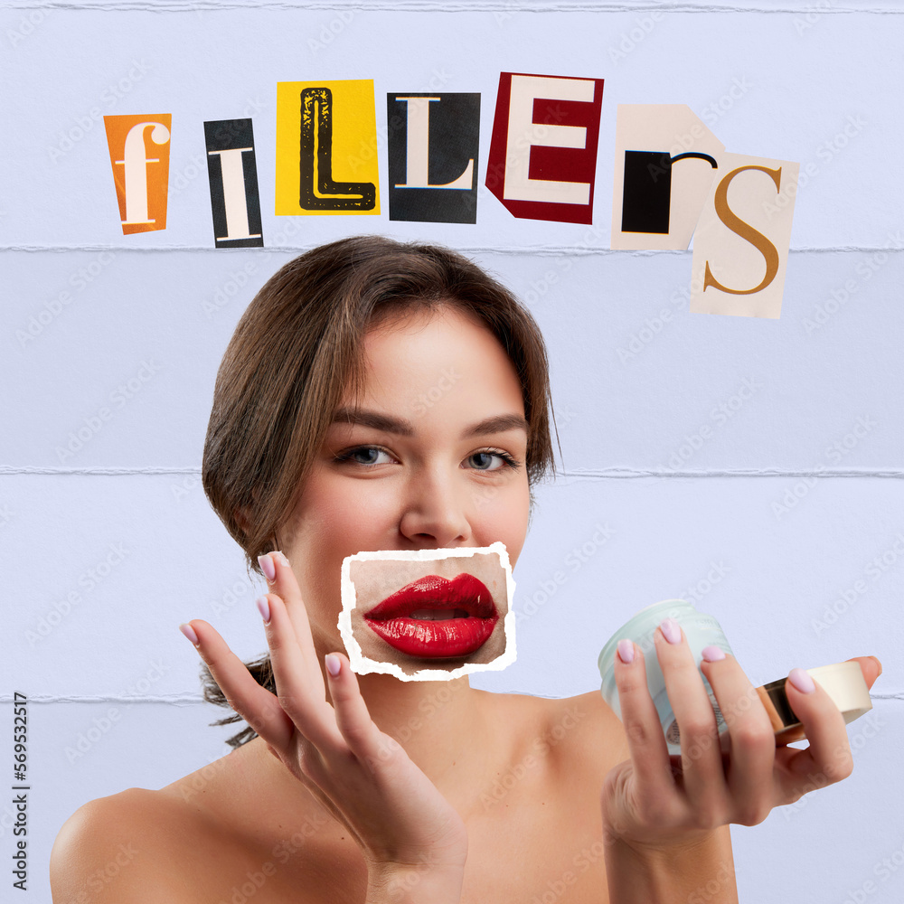 Contemporary art collage. Beautiful young woman doing beauty injections ...