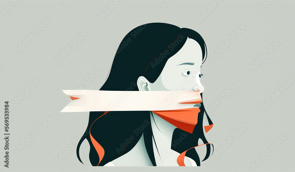 Side view portrait of a woman with a covered mouth showing women's ...