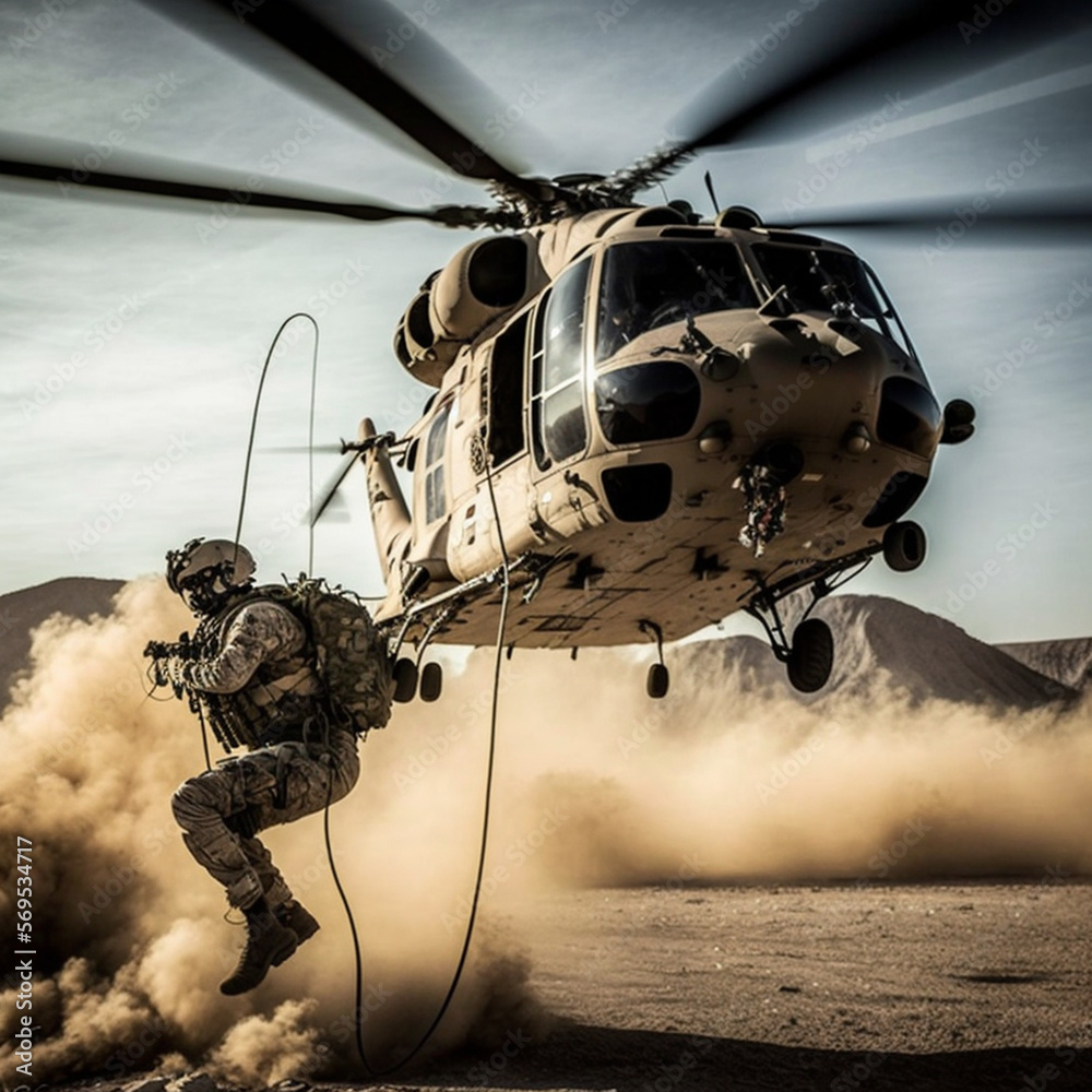 special forces unit in a fast-rope insertion from a helicopter ...