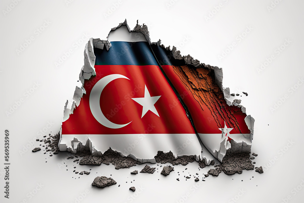 Crumbling wall with the flag of Turkey.White Background. Illustration ...
