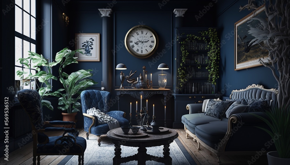 beautiful living room in dark blue Stock Illustration | Adobe Stock