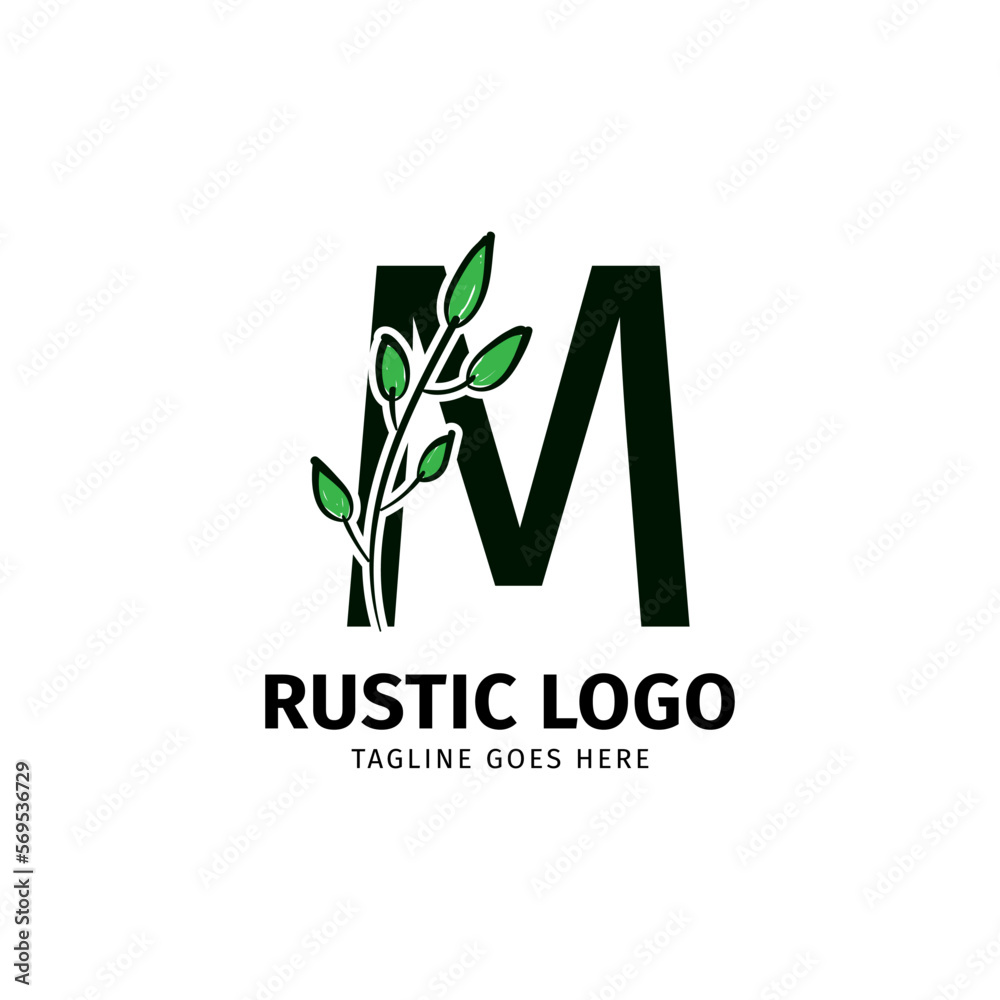 letter M doodle leaf initial rustic vector logo design element Stock ...