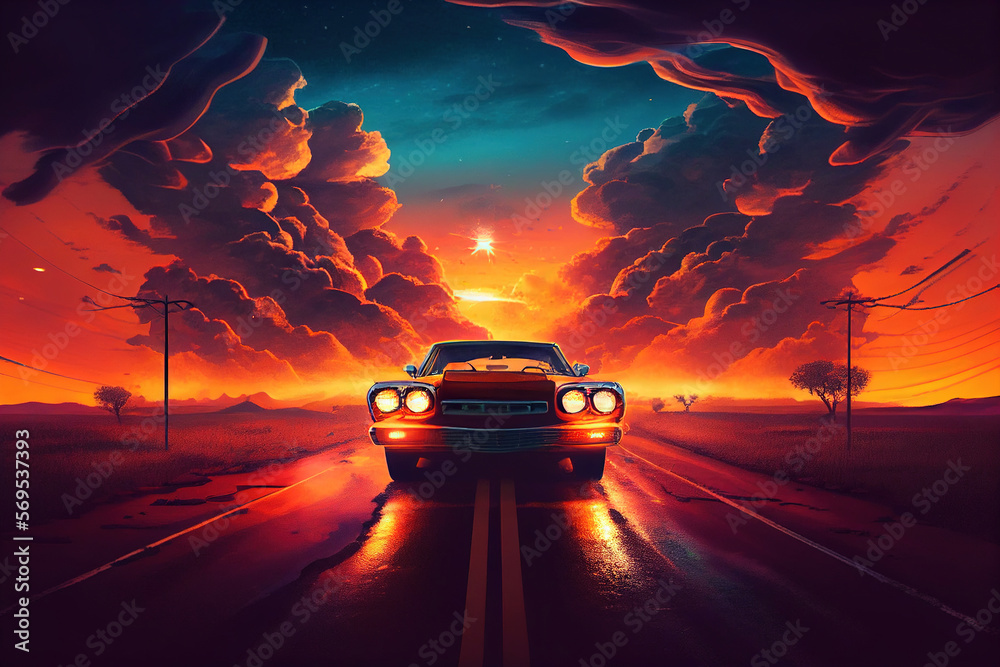 A Car Driving Down A Road With A Sunset In The Background And Clouds In The Sky Above It With A