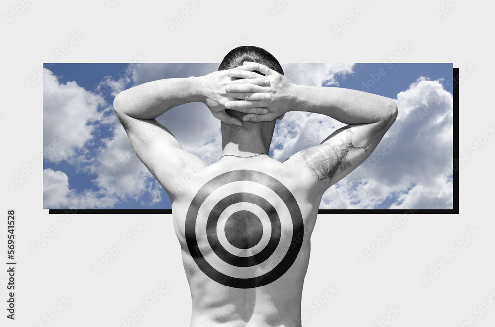 Digital collage with a man with a target drawn on his back holds his ...