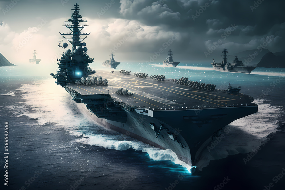Military navy ship carrier in water. Warships set out on secret mission ...