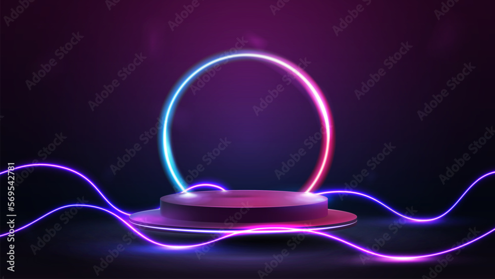 Podium floating in the air with line gradient neon ring on background ...