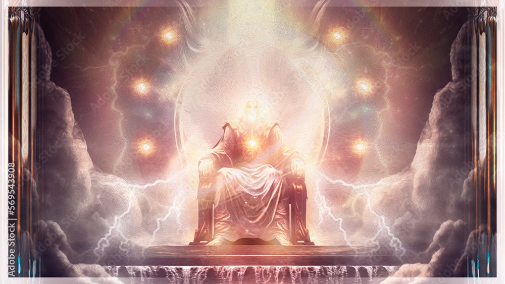 God sitting on the throne, the seven Spirits of God, oil painting, with ...