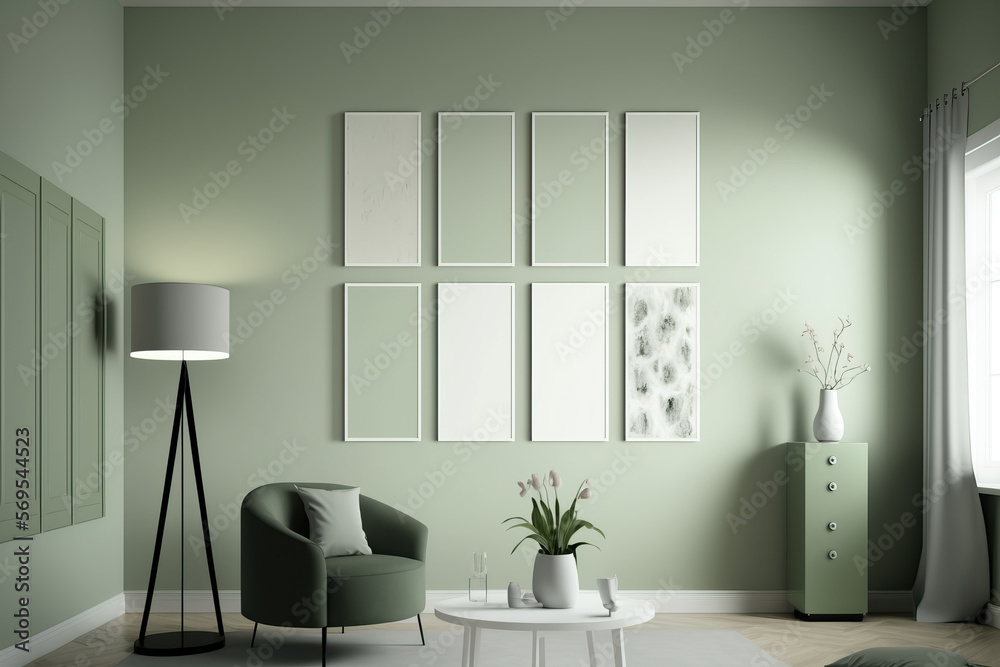 Light Sage Green Wall with Six Vertical Paintings - Mockup Stock ...