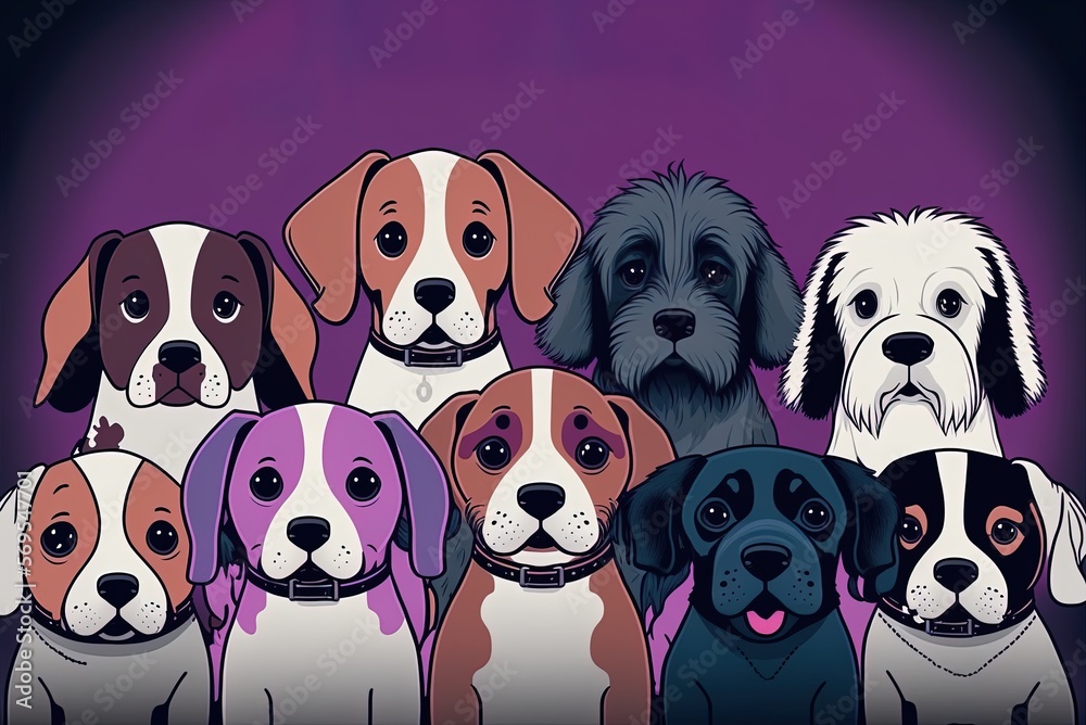 purple banner with a row of headshots of dogs gazing straight at the ...
