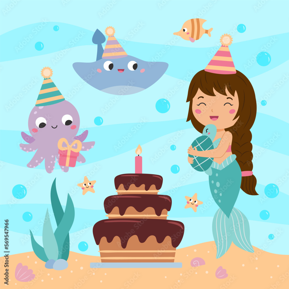 Cute little mermaid with birthday cake and friends. Cartoon octopus ...