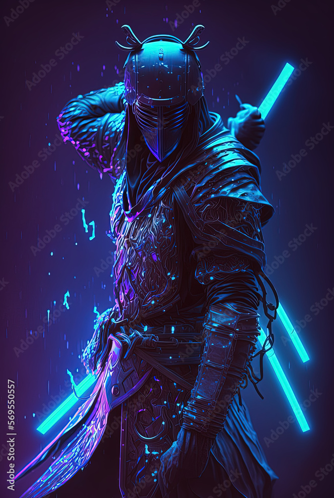 Cyberpunk samurai, neon blue and purple color palette, dynamic pose ...
