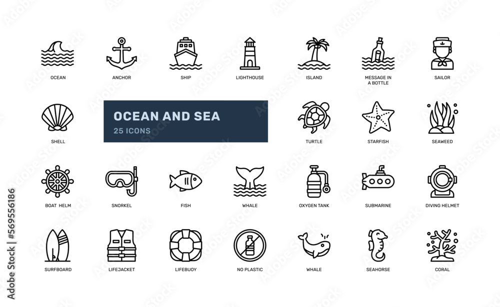 Ocean and sea detailed outline icons set with illustrations of marine ...