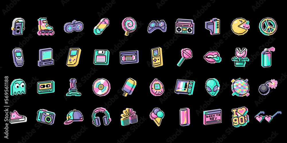 Y2K, 90s icons set. Retro pixel art style with imitation 3d. Nostalgia ...