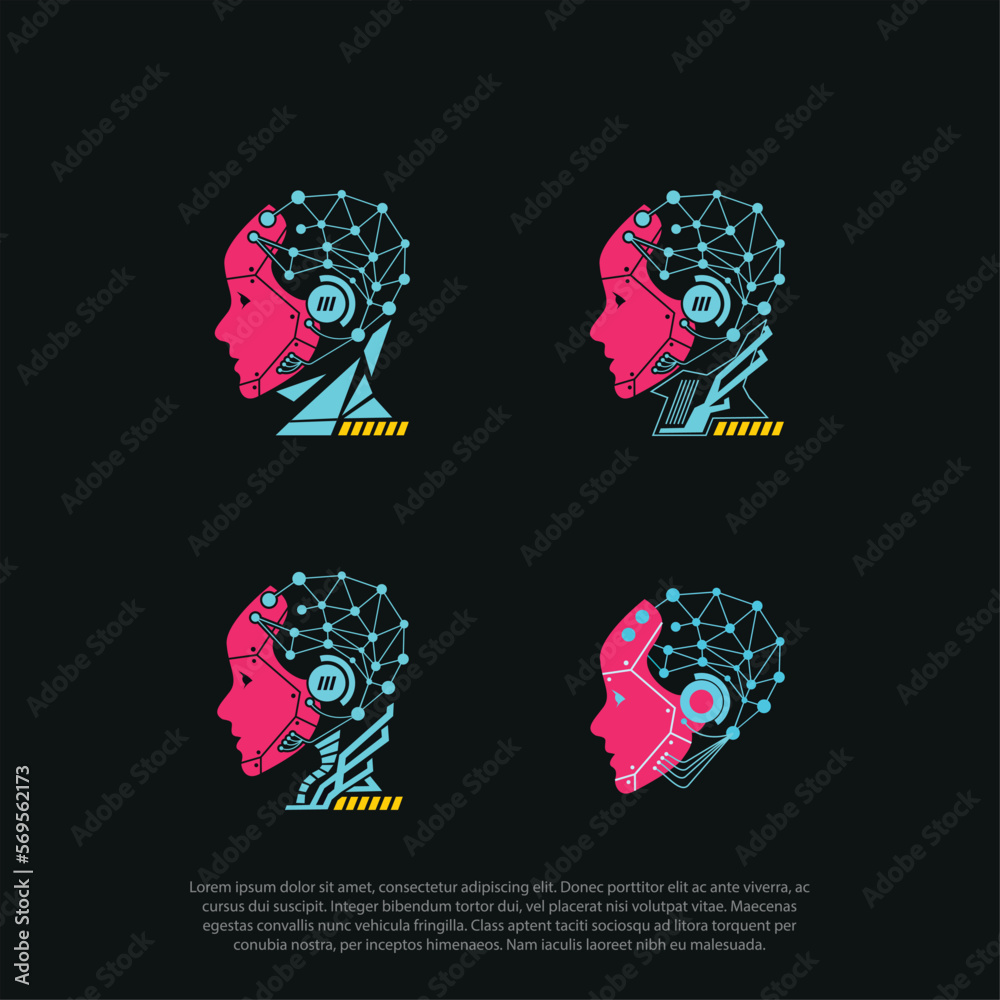 artificial intelligence head robot ai, head and neck, logo set, head ...