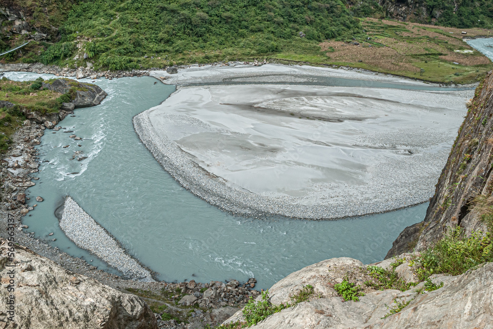 View of Marshyangdi river and Tal village as seen on route of Around ...